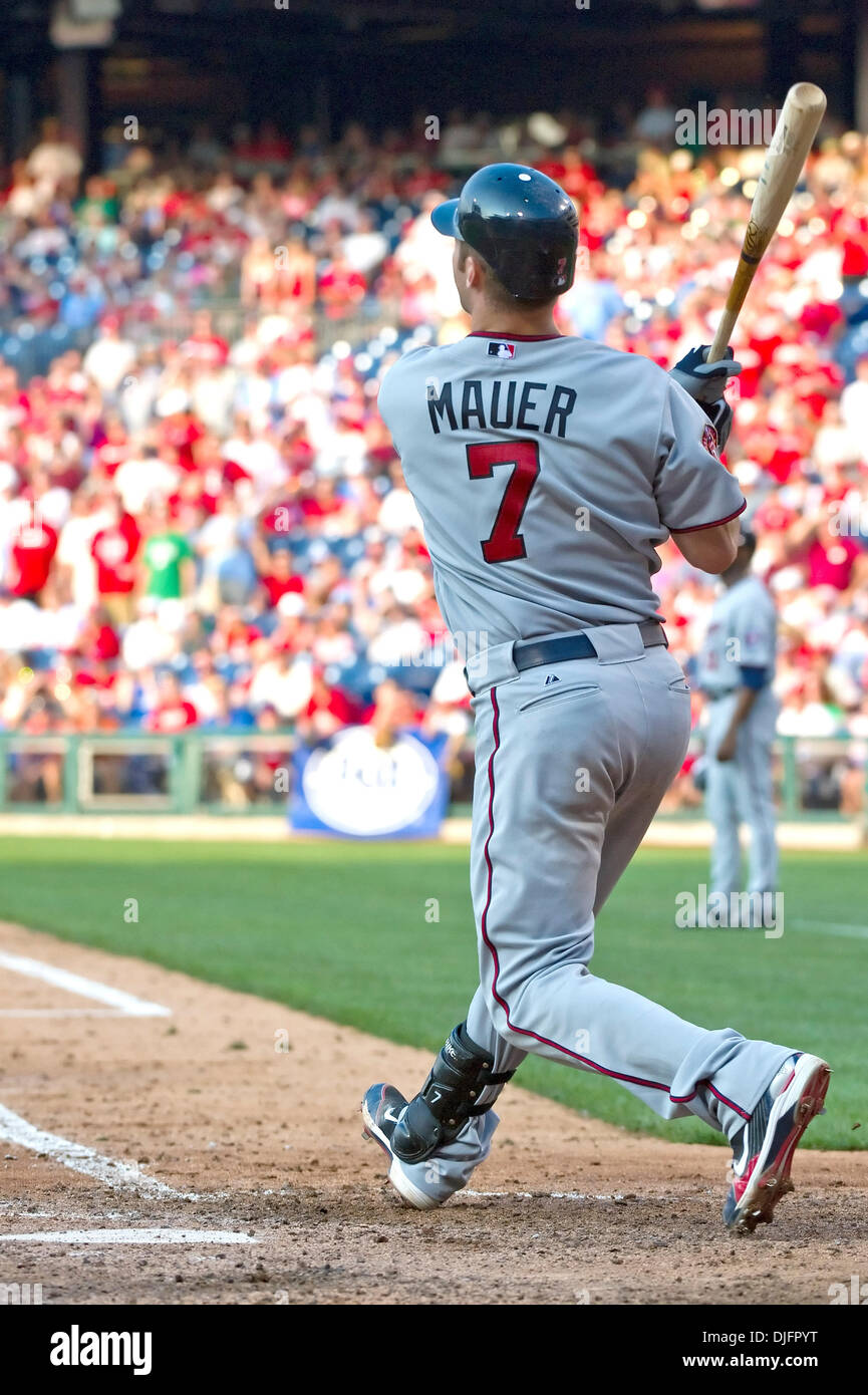 Twins catcher Joe Mauer #7 hits a game tying home run in the top of the ...