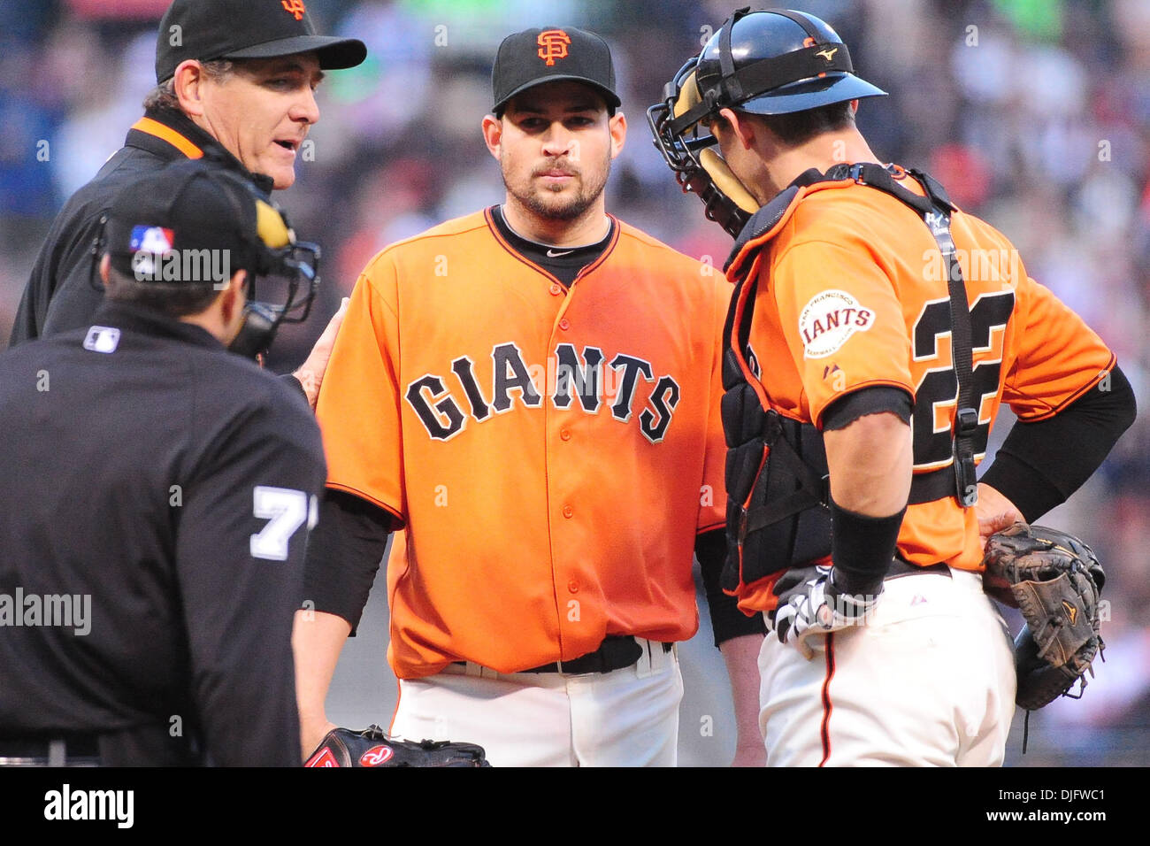 San Francisco, CA: Pitcher Jonathan Sanchez (57), catcher Eli Whiteside ...