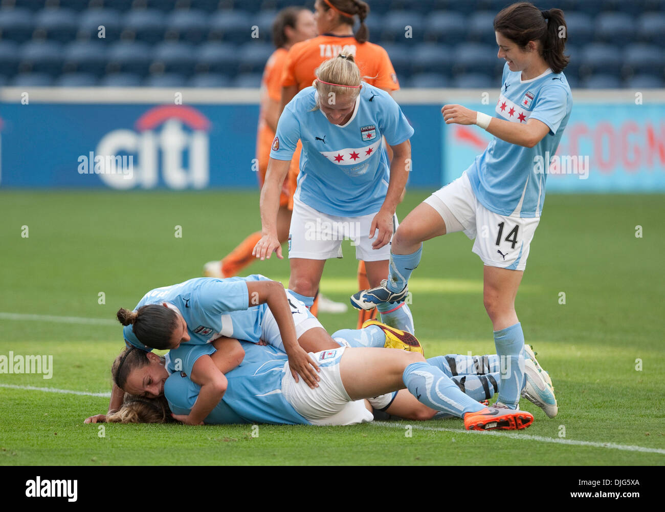 Chicago Red Star teammates celebrate goal in game action between the ...