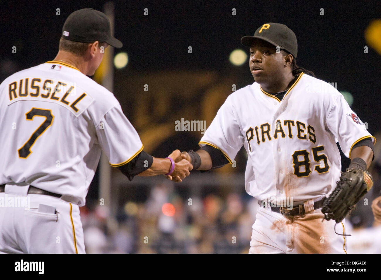 17 July 2010: Pittsburgh Pirates manager John Russell (7) congratulates ...