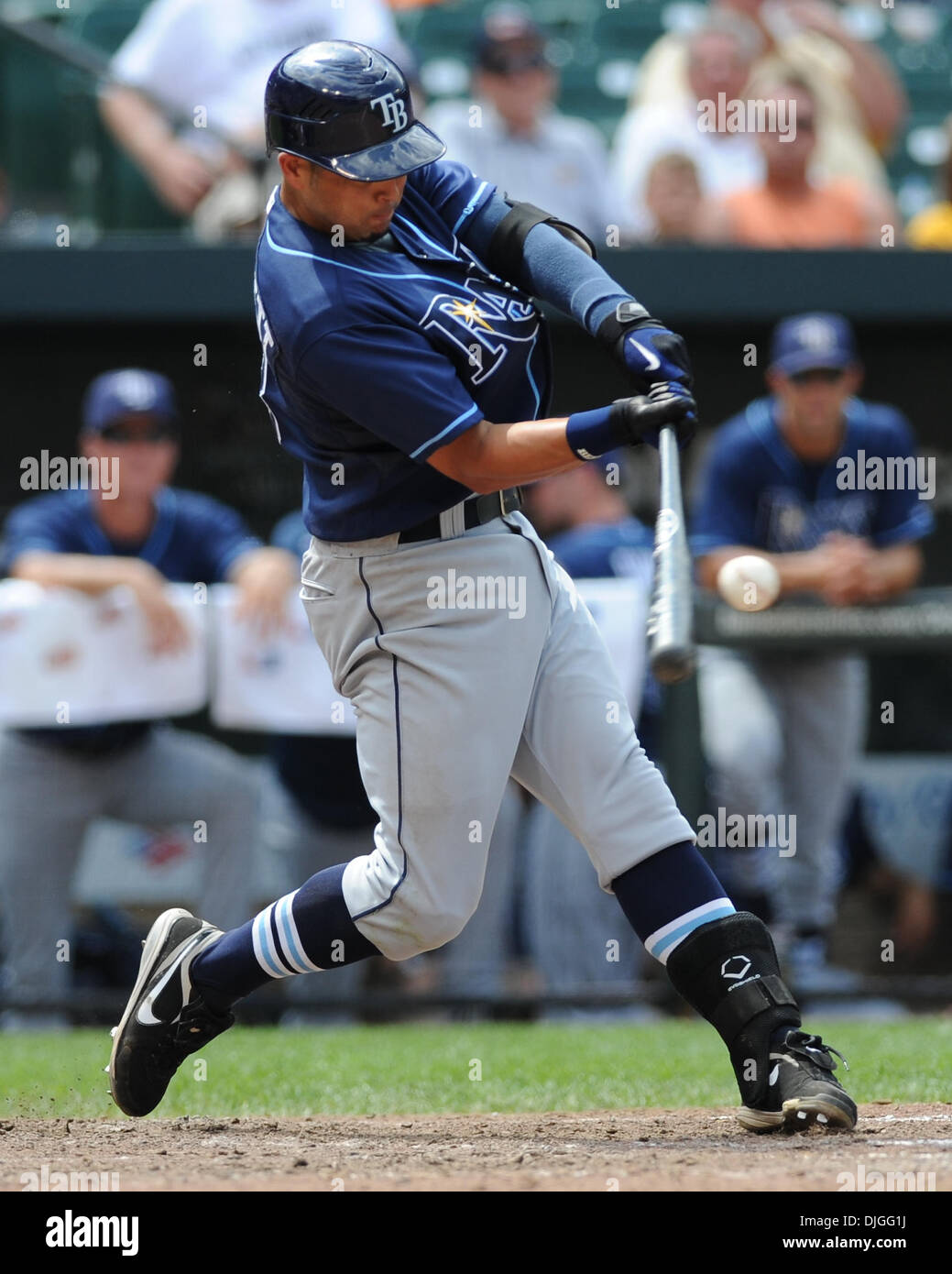 21 July 2010: Tampa Bay Rays shortstop Jason Bartlett (8) hits a fly ...