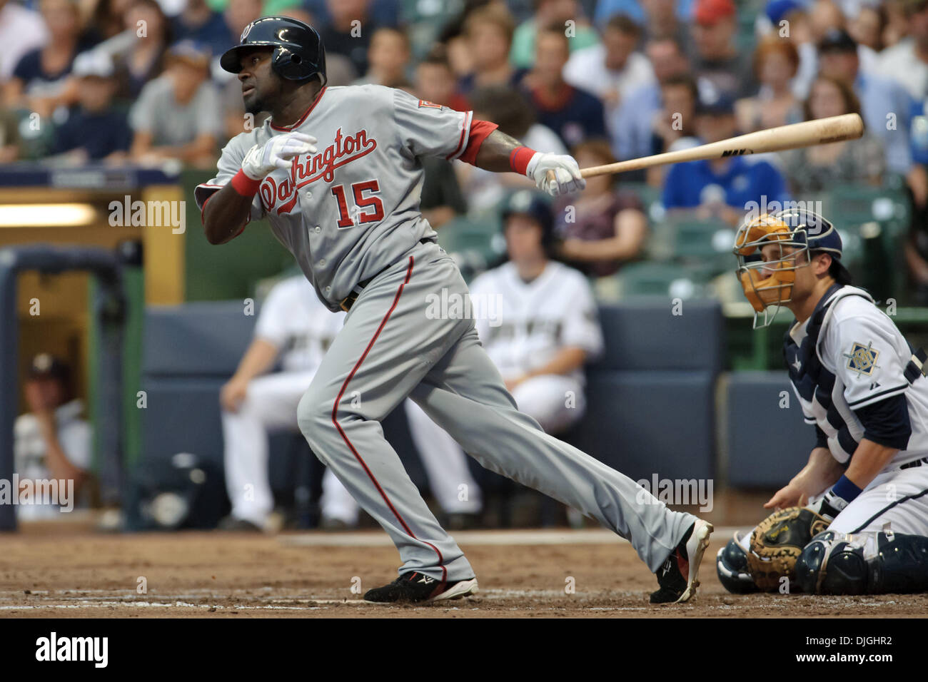 Washington Nationals second baseman Christian Guzman (15) hits a double ...
