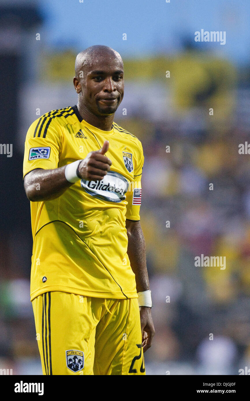 Crew forward Emilio Renteria (20) shows his approval for a ruling by ...