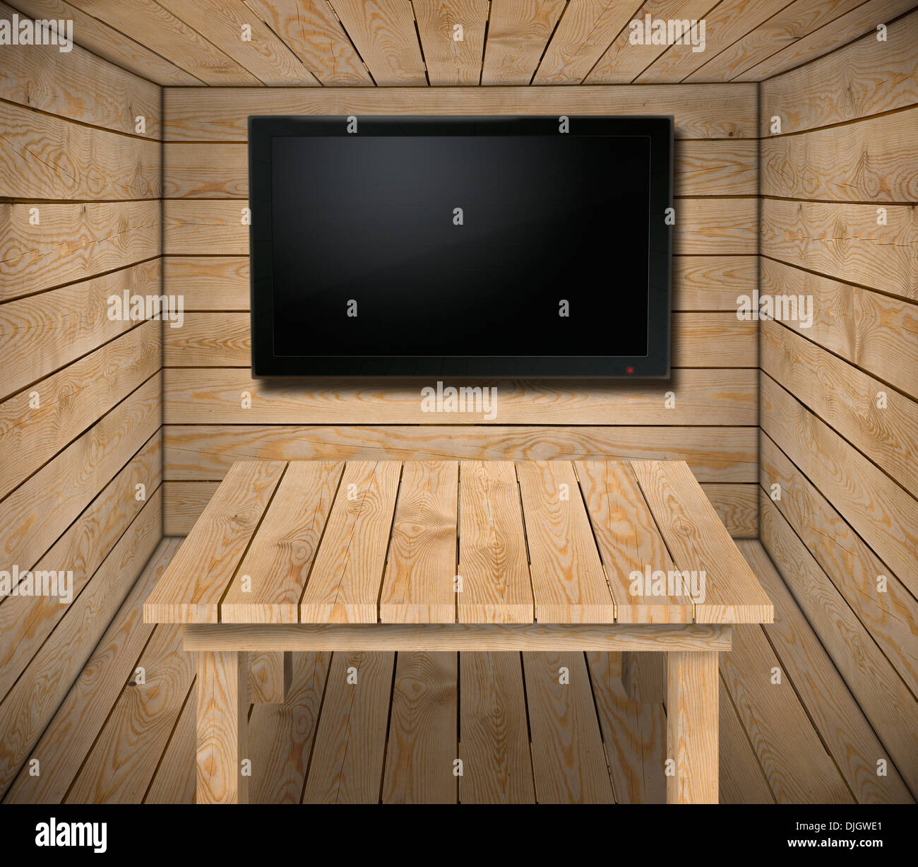 Interior of cottage room with empty tabletop and TV set screen for Your ...