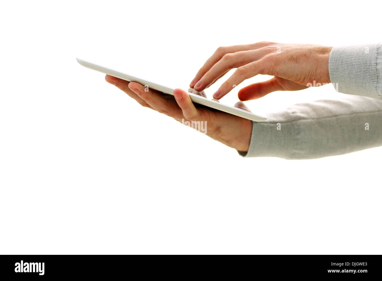 Closeup image of male hand touching display of tablet computer isolated ...