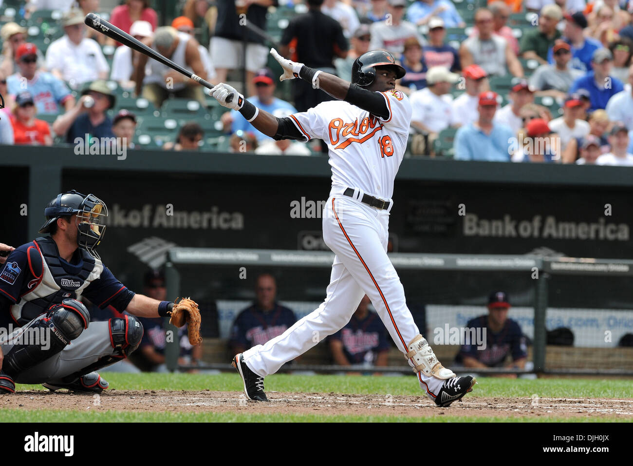 25 July 2010: Baltimore Orioles center fielder Felix Pie (18) watches ...