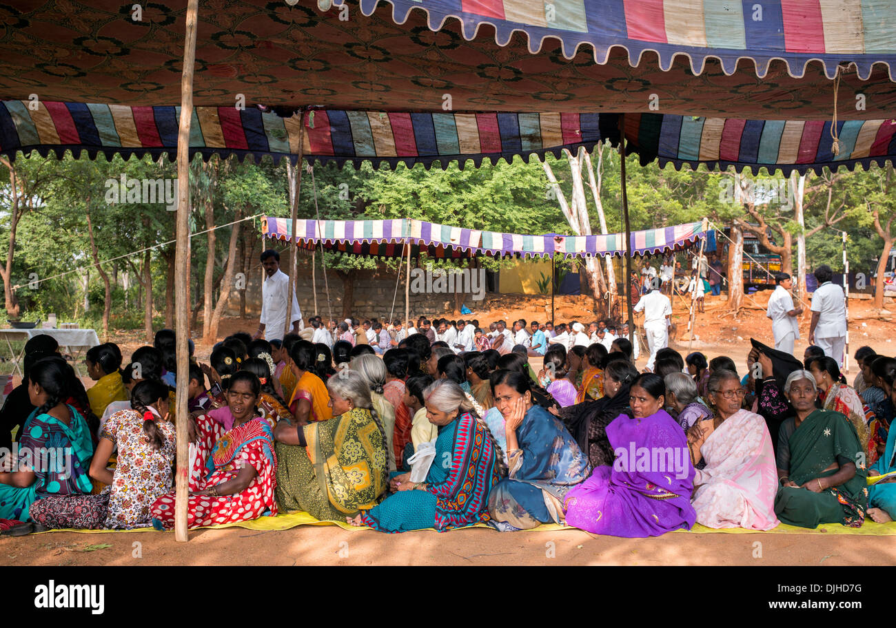 Rural Indian female patients waiting area at Sri Sathya Sai Baba mobile ...