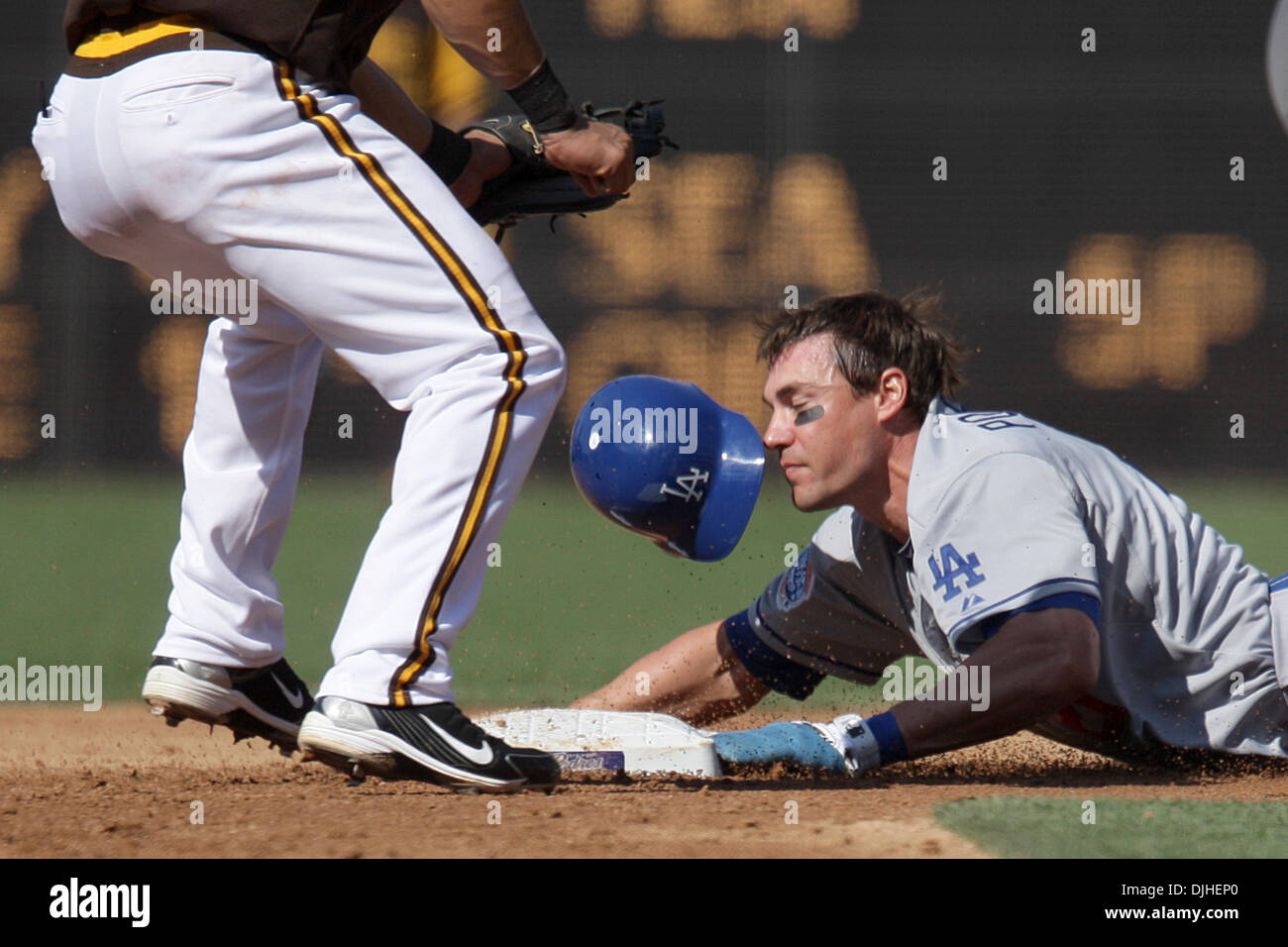 Dodgers Scott Podsednik steals second base against the Padres during ...