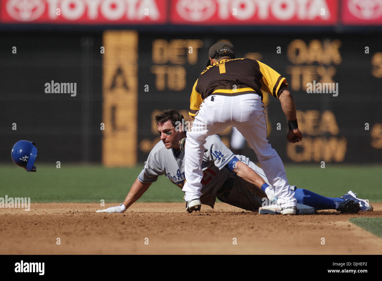 Dodgers Scott Podsednik steals second base against the Padres during ...