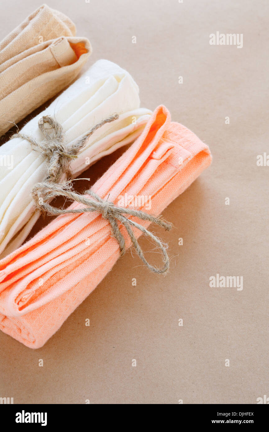 towels tied with ropes, top view, organik textile Stock Photo - Alamy