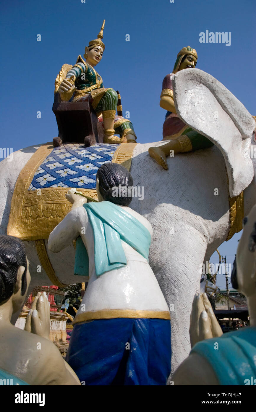 A beautiful Buddhist elephant statue is on display at a Buddhist temple ...