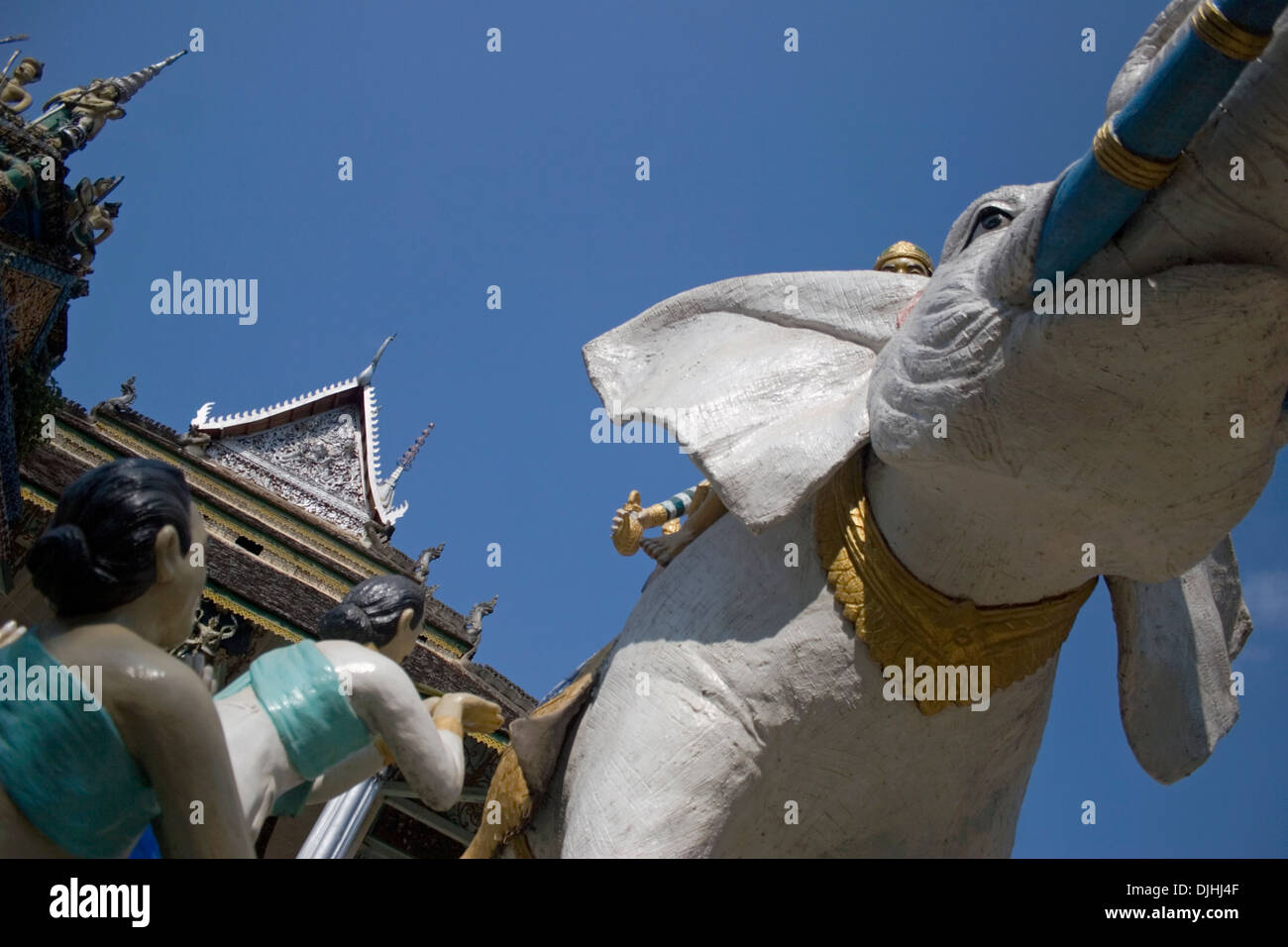 A beautiful Buddhist elephant statue is on display at a Buddhist temple ...