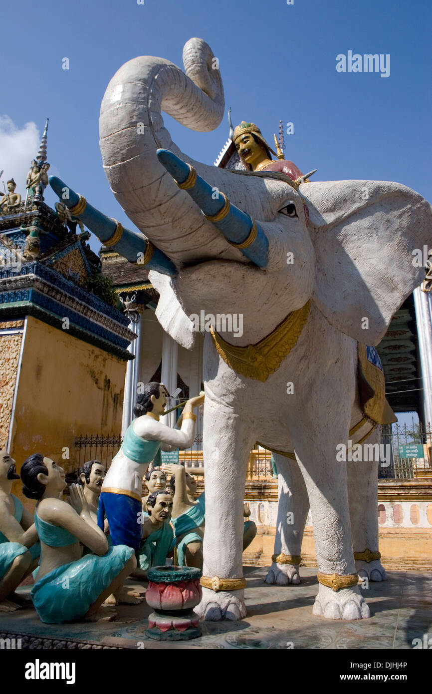 A beautiful Buddhist elephant statue is on display at a Buddhist temple ...