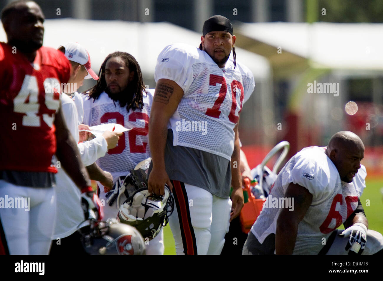 Tampa Buccaneer Donald Penn (#70) running through drills during ...