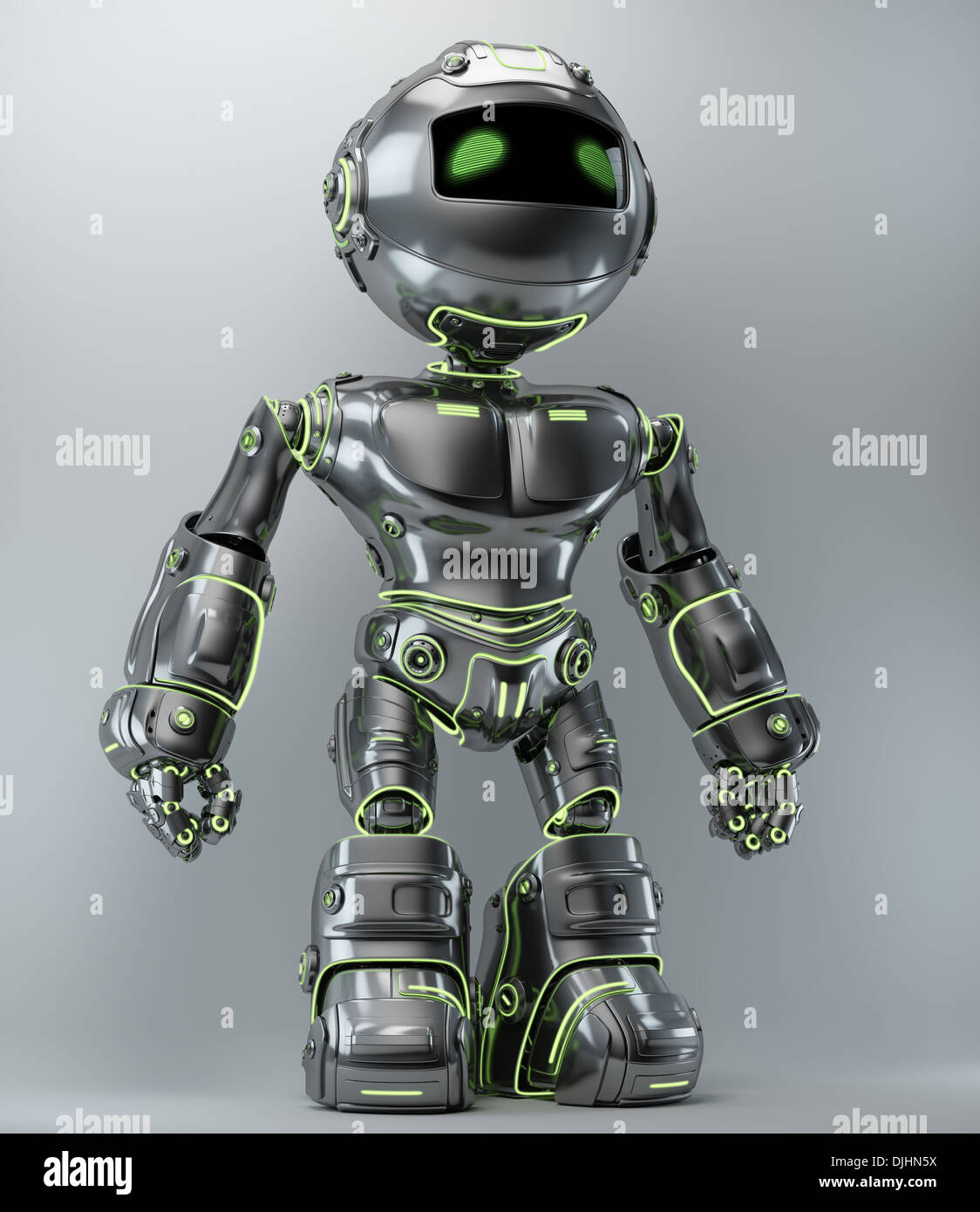 Little metal bot with green illuminated lines Stock Photo - Alamy