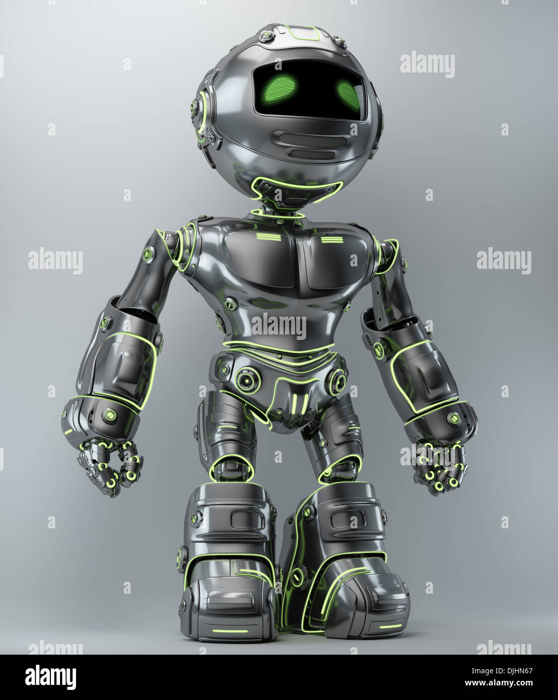 Little metal bot with green illuminated lines Stock Photo - Alamy