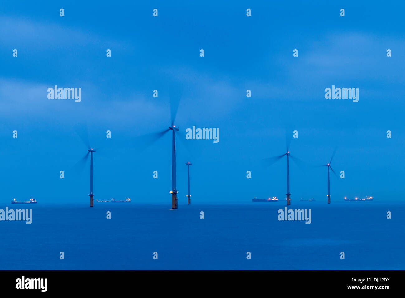 Teesside offshore wind farm on the north east coast at sunrise. England ...