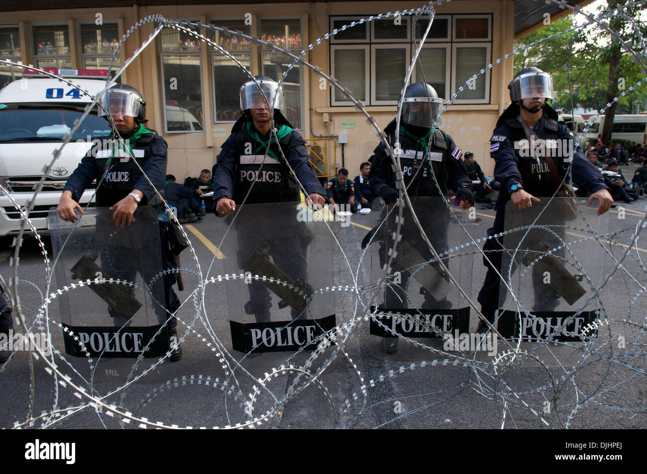 Bangkok, Thailand. November 28th, 2013. Thai police in riot gear stand ...