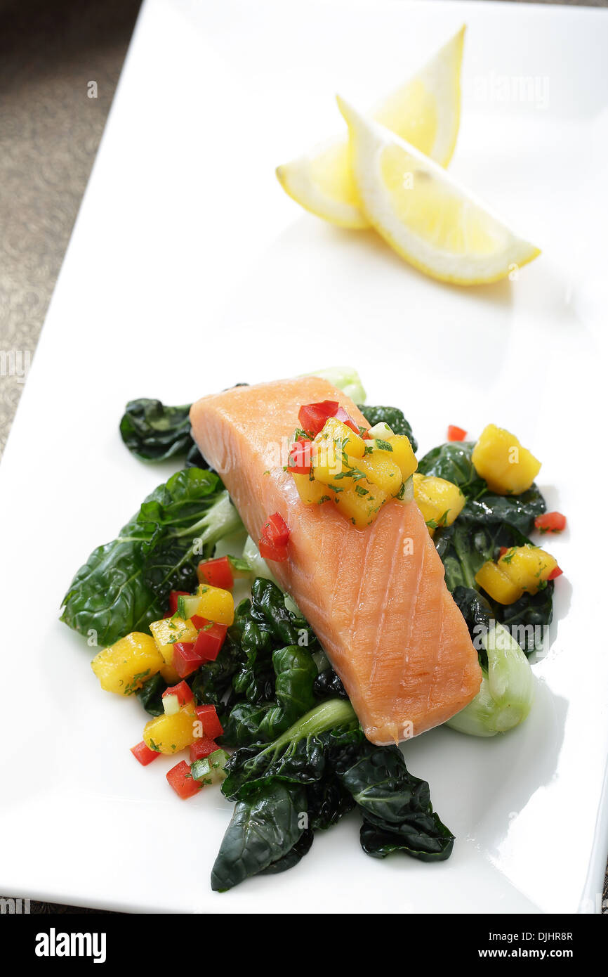 Close up Fresh Samol with mango salsa Stock Photo - Alamy