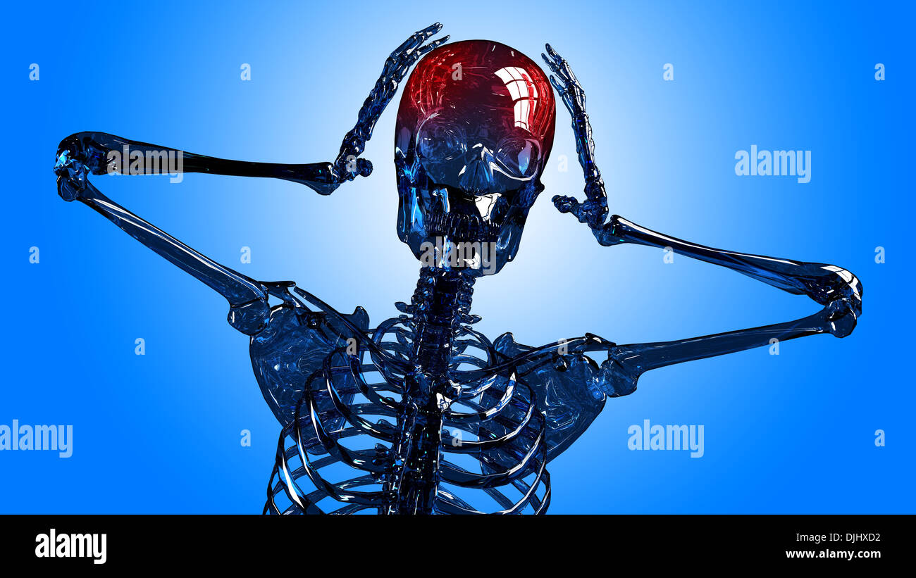 Frontal view of a human skeleton head in pain made in 3d, over blue ...