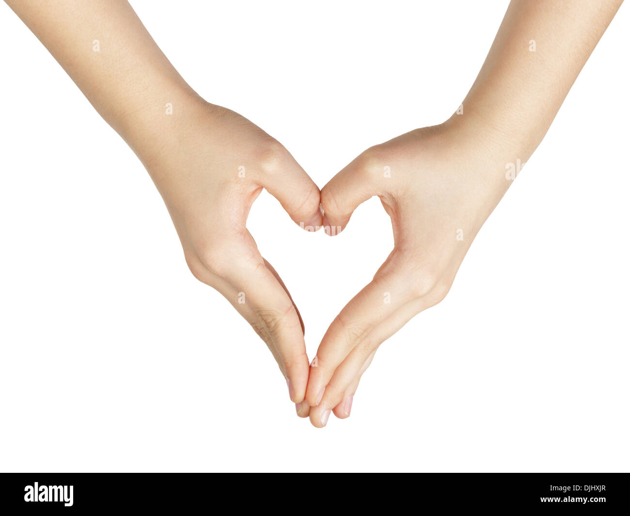 female teen hand makes heart shape with hands, white background Stock ...