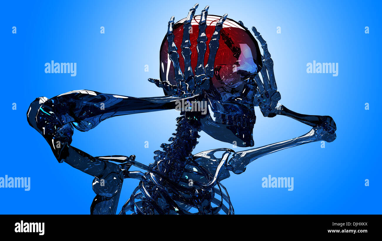 Side view of a 3d skeleton concept with headache. Isolated on blue ...