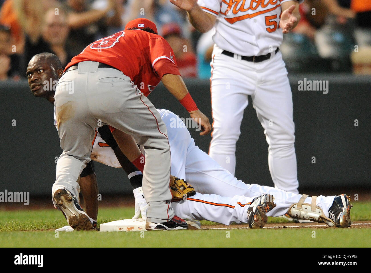 04 August 2010: Baltimore Orioles left fielder Felix Pie (18) looks for ...