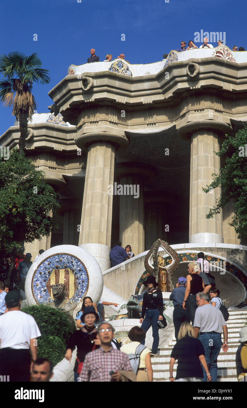 Spain, Barcelona, Parc Guell main steps looking up towards the terraces ...