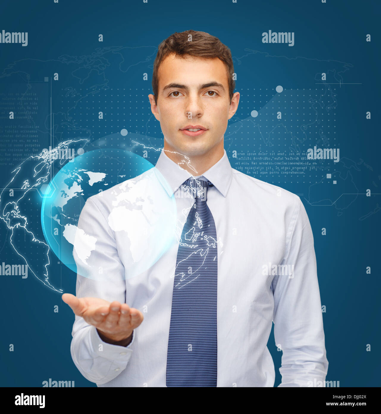 man holding virtual sphere globe on the palm Stock Photo - Alamy