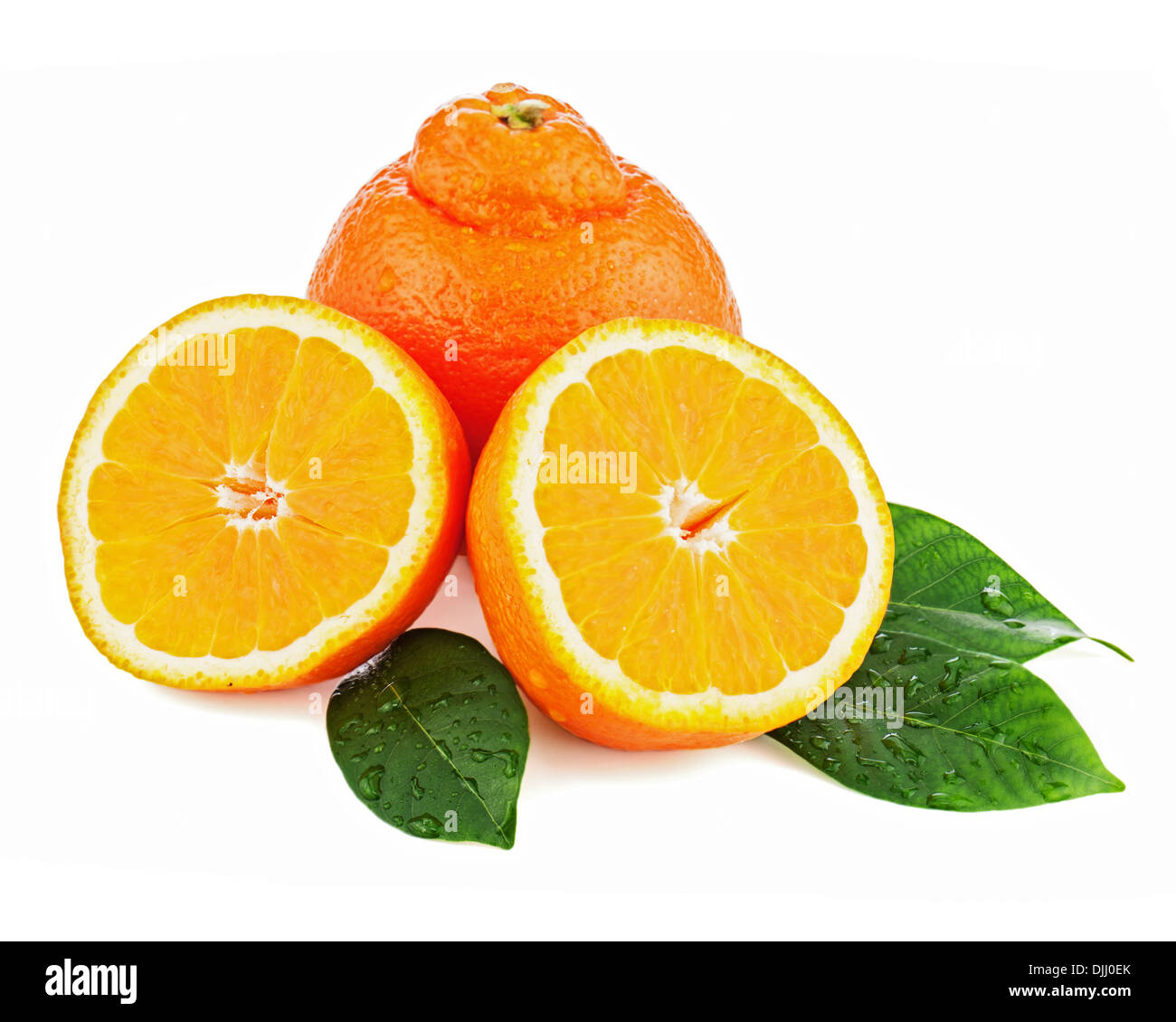 Fresh orange fruit with green leaves isolated on white background ...