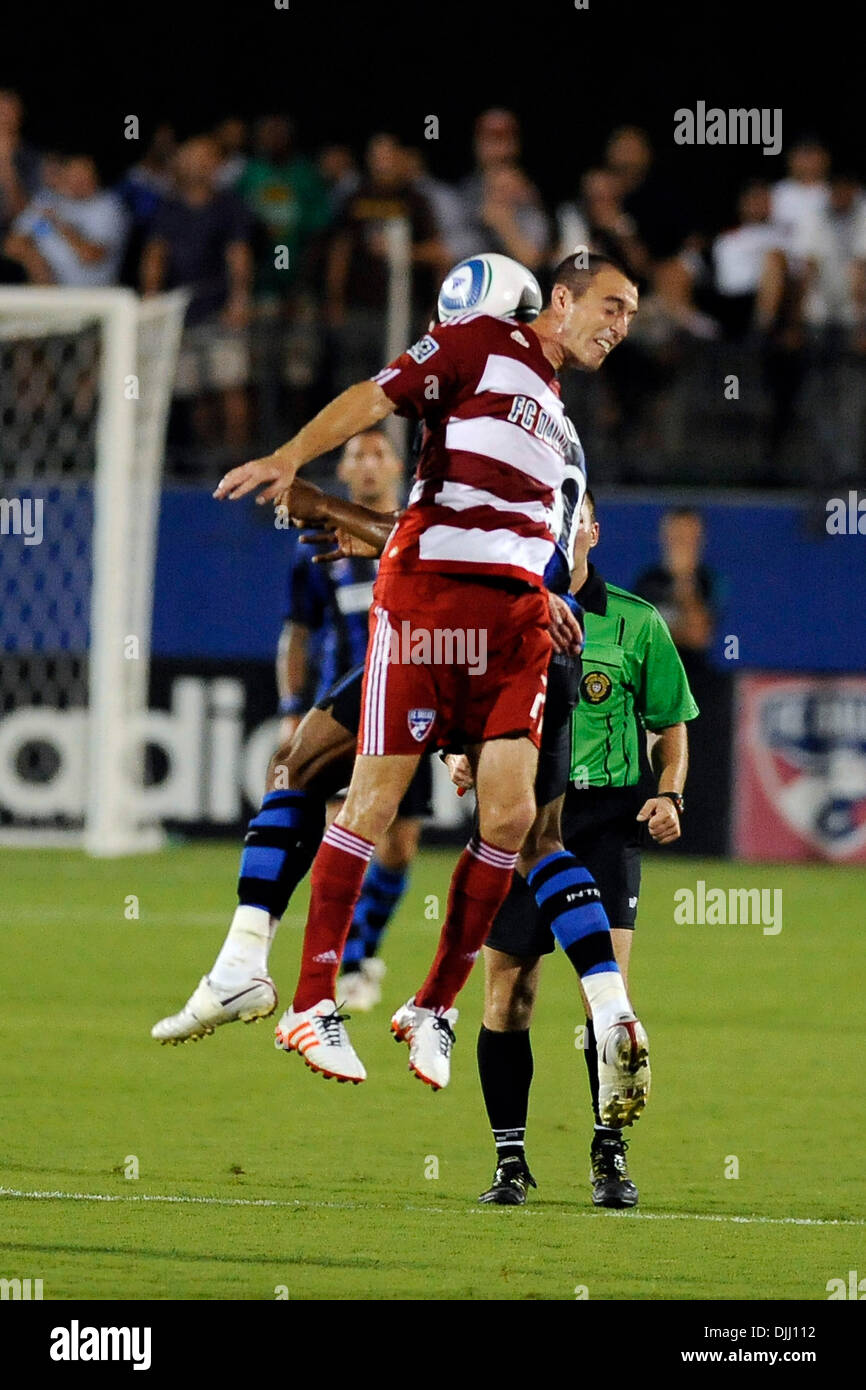 Eric Alexander #24 of FC Dallas performs a header at midfield during a ...