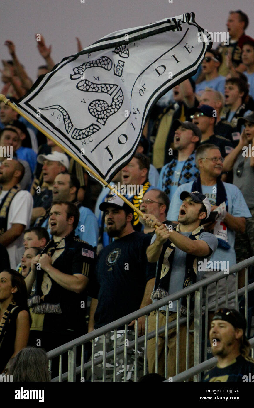Philadelphia Union fans cheer on their team and wave a ''Join or Die ...