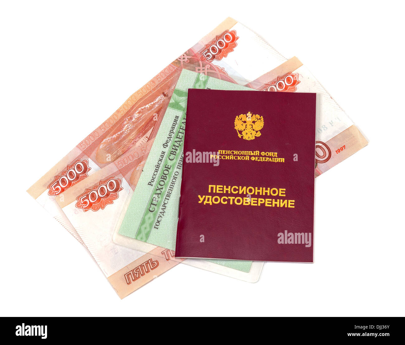 Russian pension certificate and certificate of insurance isolated on ...