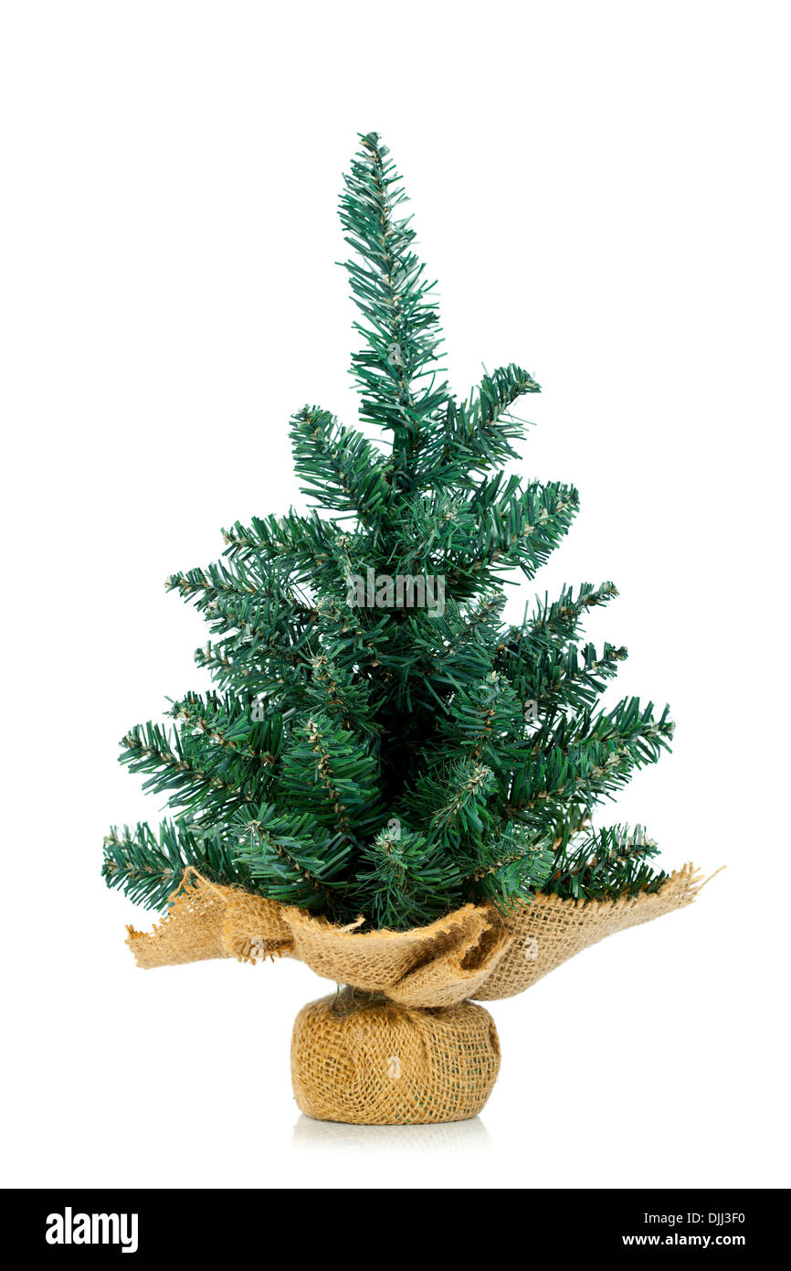 Small undecorated Christmas tree in burlap stand over white background ...