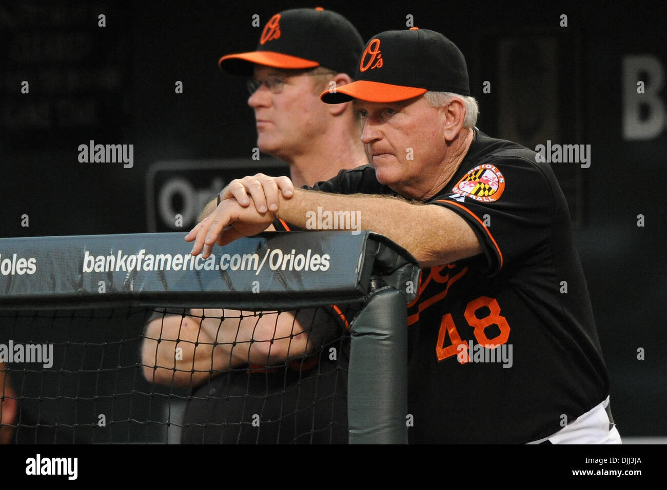 August 06, 2010: Baltimore Orioles bench coach Jeff Datz (28) and ...