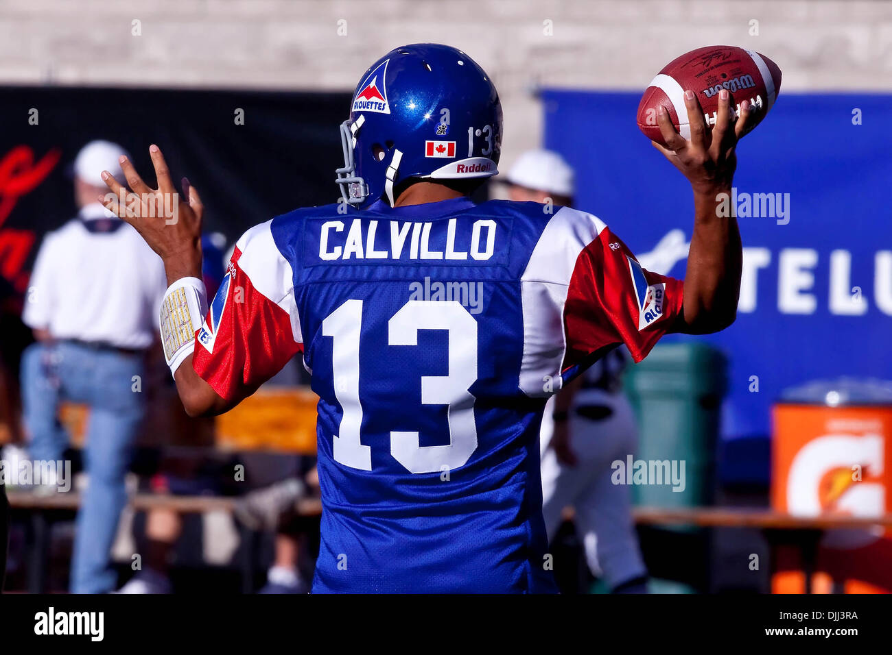 Montreal QB Anthony Calvillo(13) warms up before a CFL football game ...