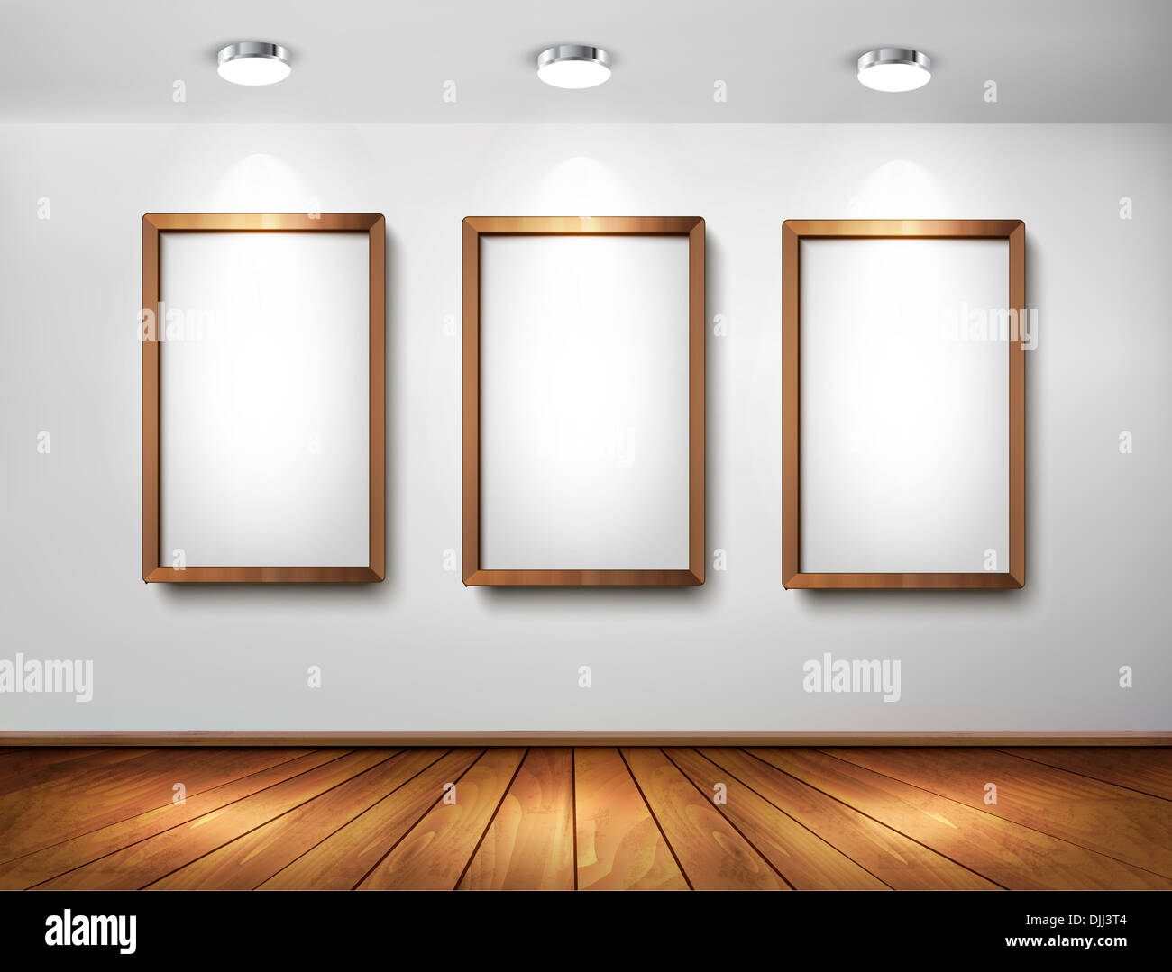 Empty wooden frames on wall with spotlights and wooden floor. Vector ...