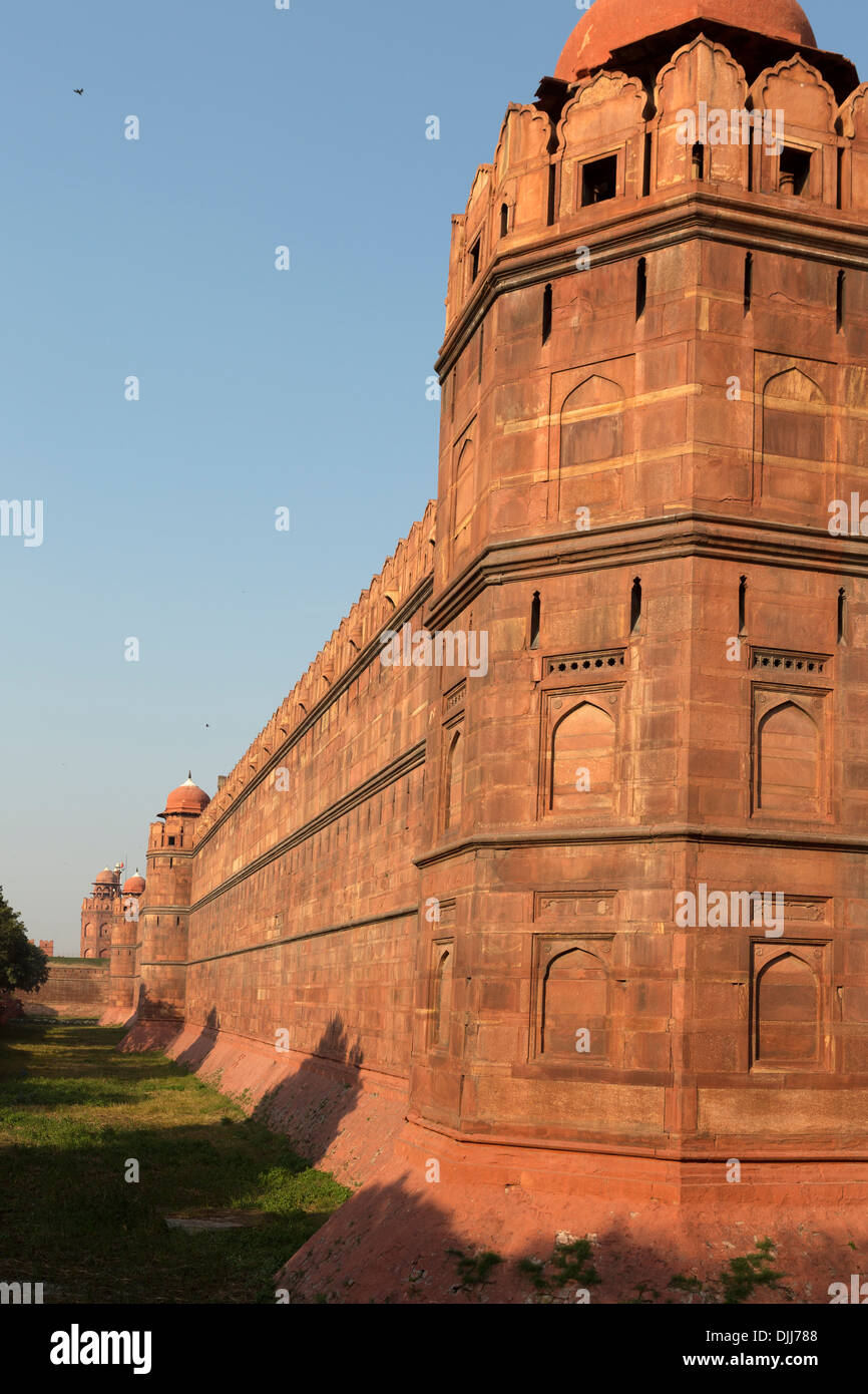 Walls of the Red Fort. The impressive wall was built in red sandstone ...