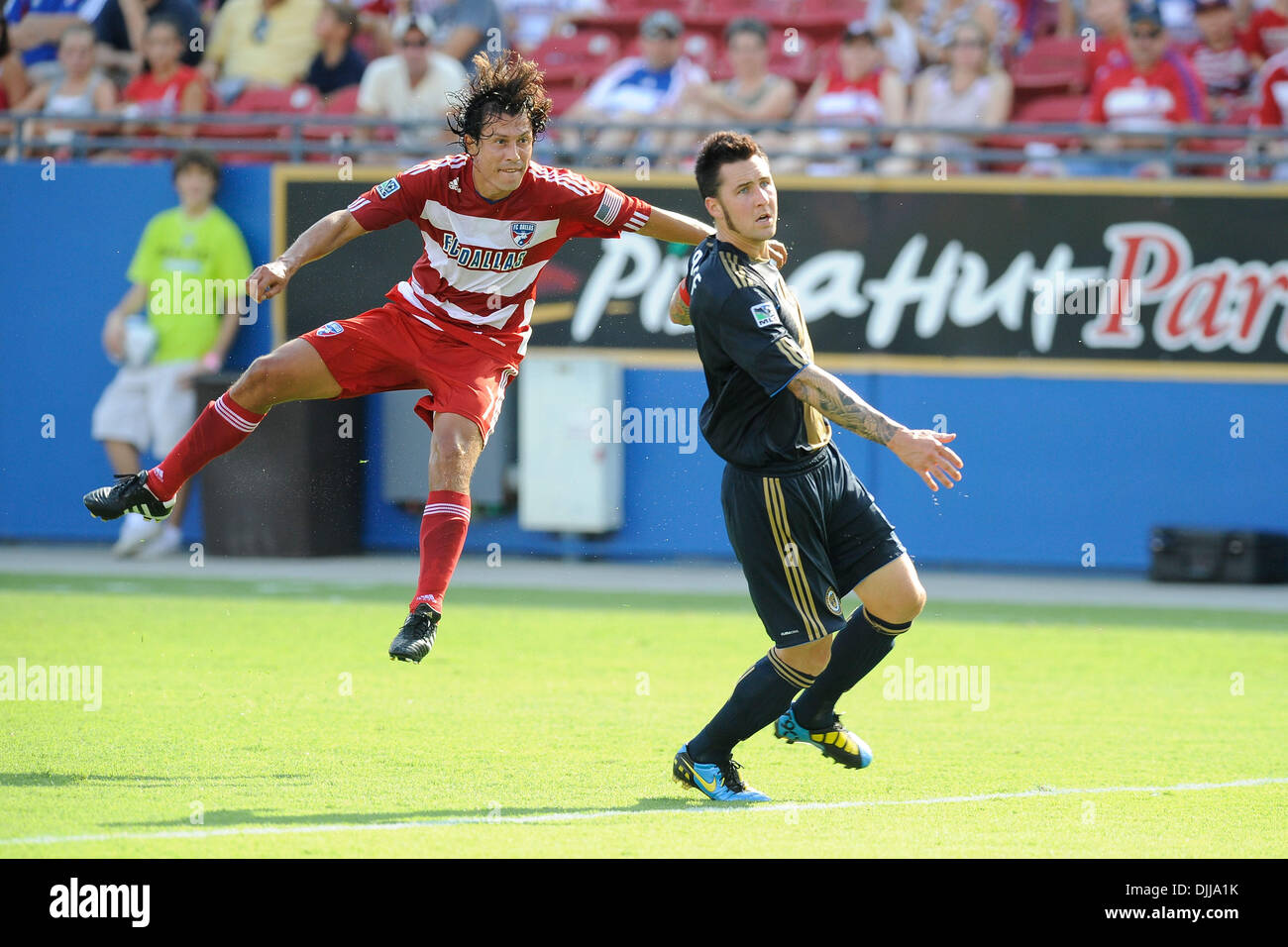 7 Milton Rodriguez of FC Dallas follows through with a kick on goal in ...