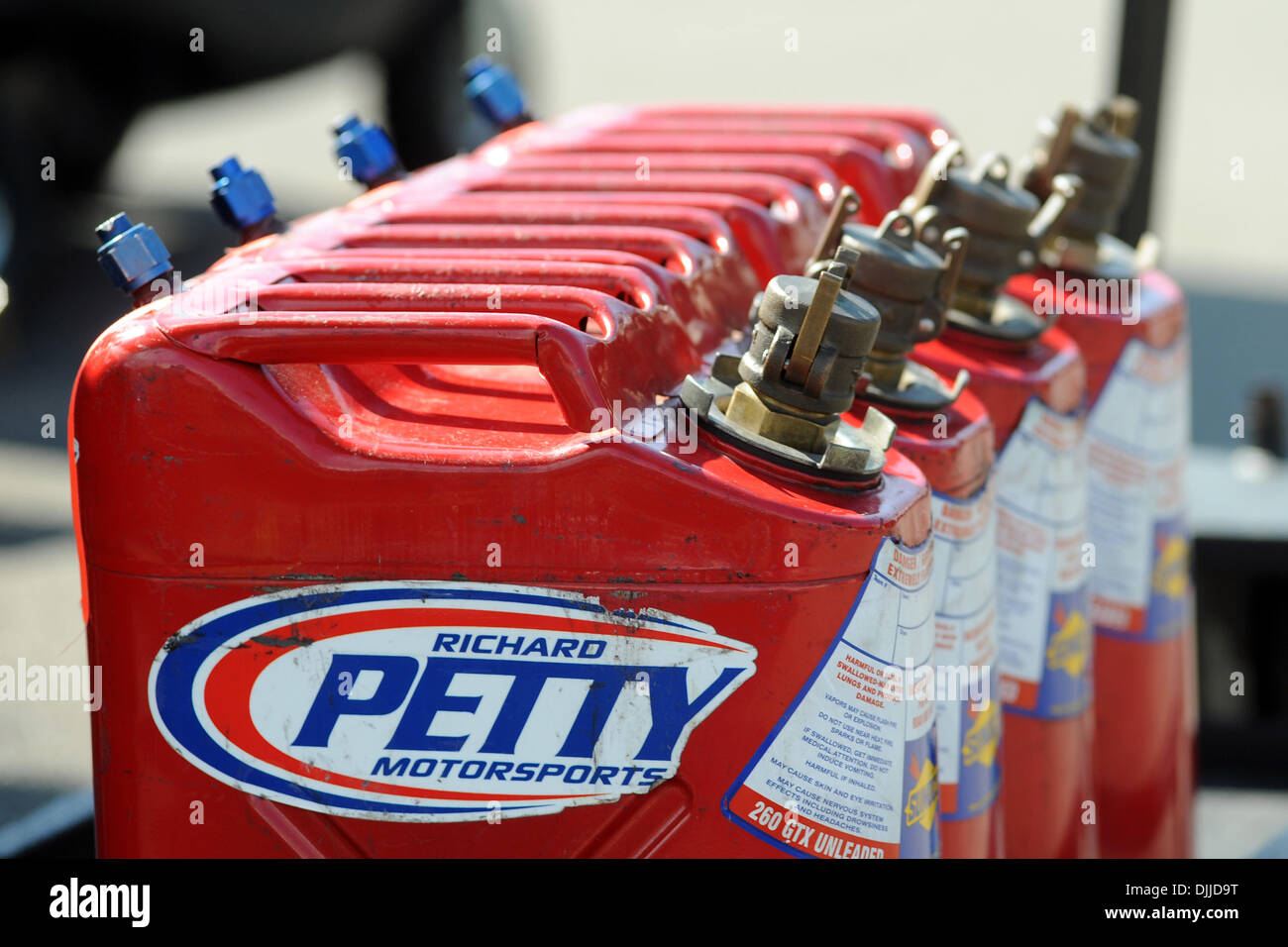 Gas cans from Petty Motorsports sit outside the garage area before the ...