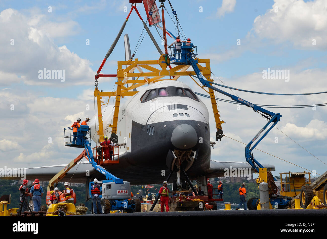 The NASA space shuttle prototype Enterprise waits to be hoisted by ...