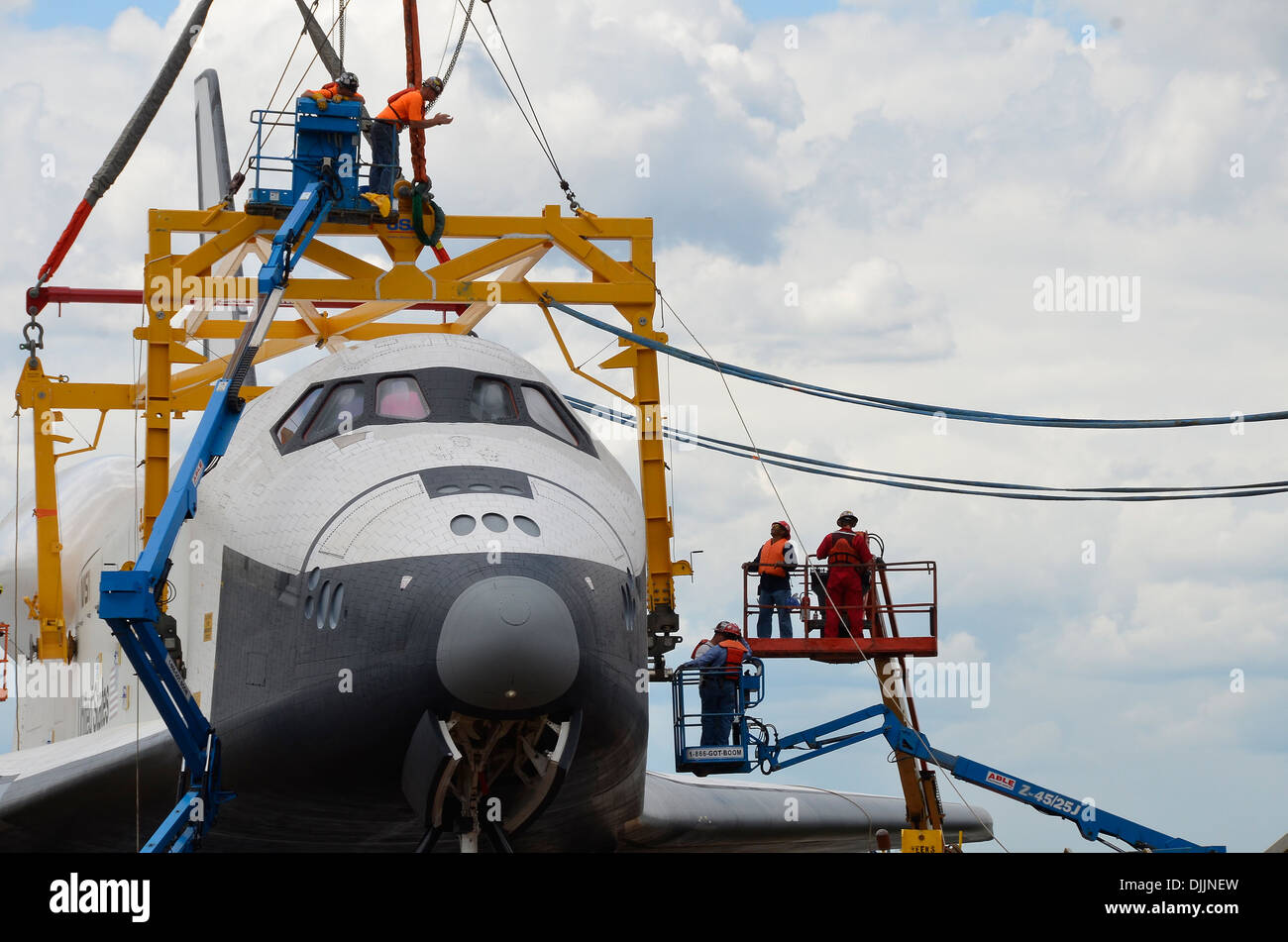 The NASA space shuttle prototype Enterprise waits to be hoisted by ...