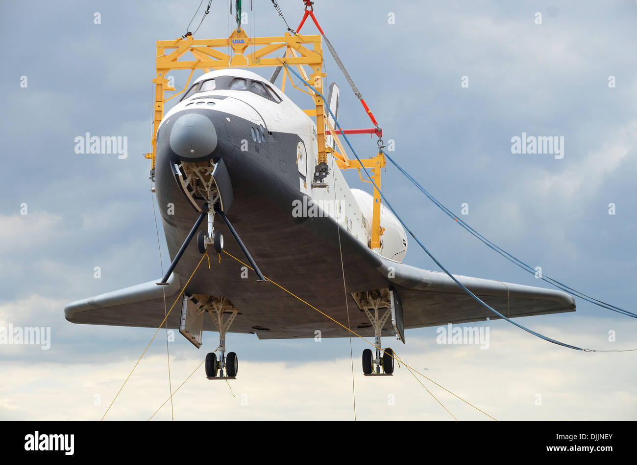 The NASA space shuttle prototype Enterprise waits to be hoisted by ...