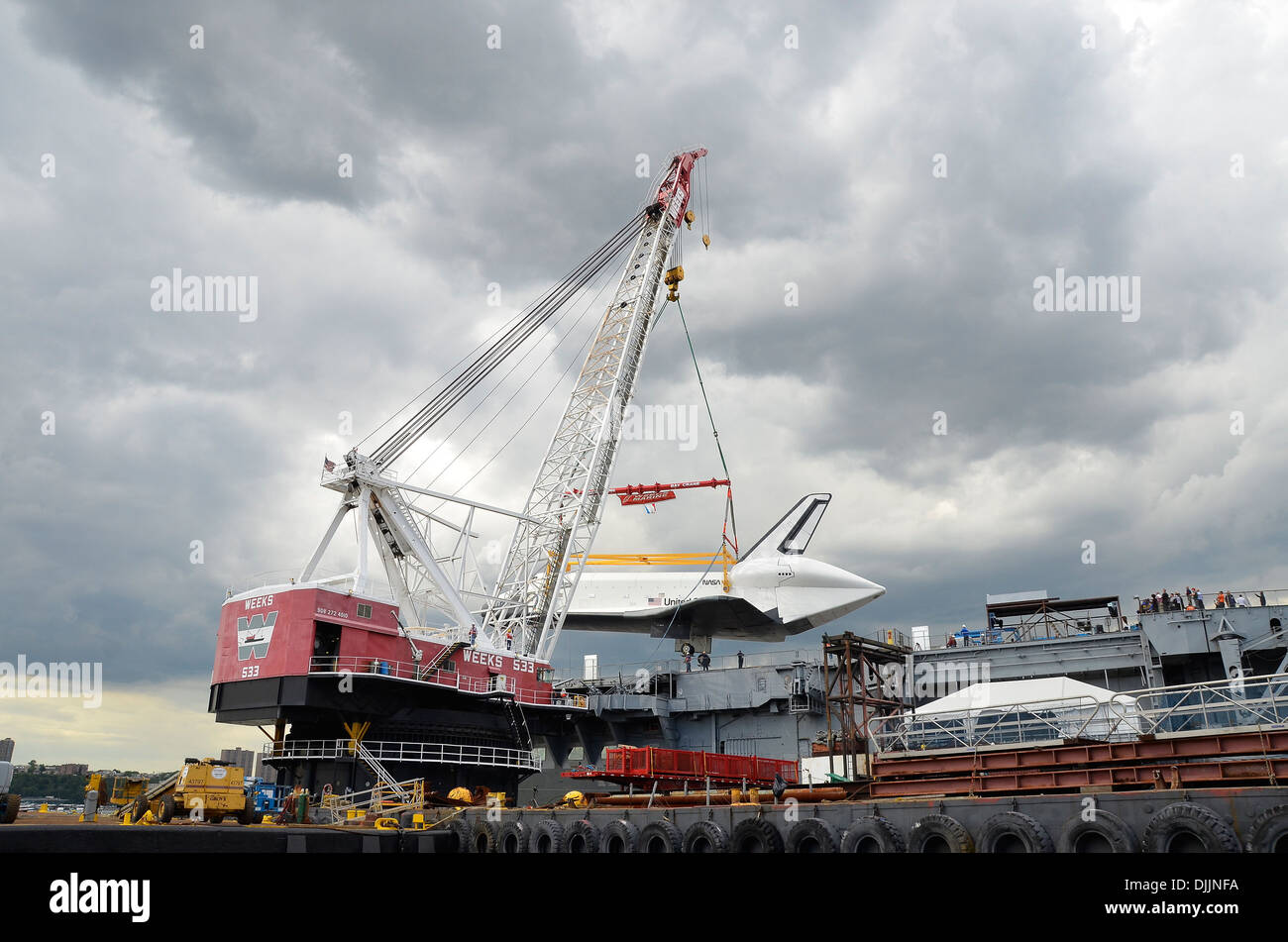 The NASA space shuttle prototype Enterprise waits to be hoisted by ...