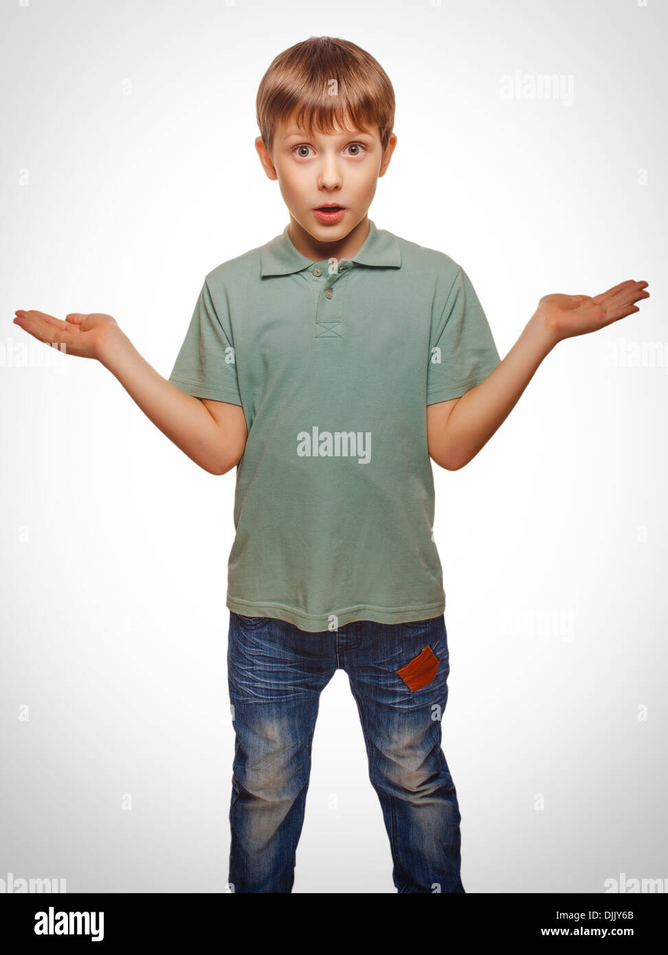 boy teenager blond raised his hands up baby surprised emotion Stock ...