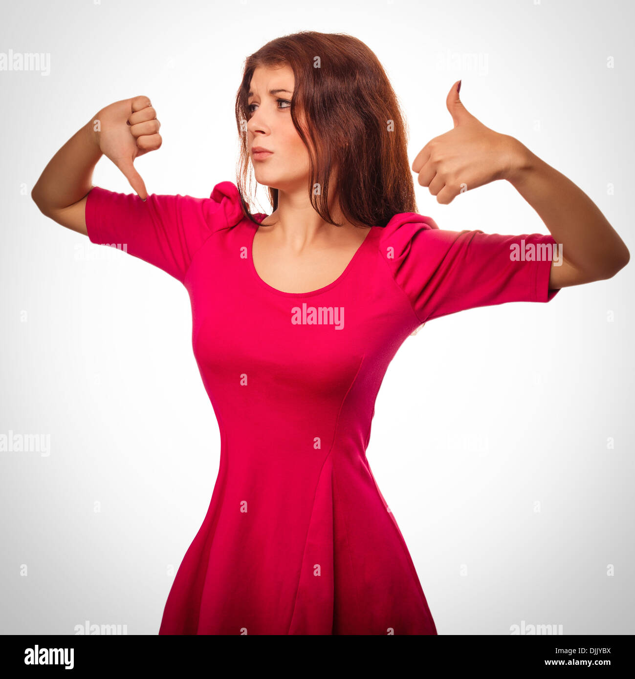 girl woman shows signs yes and no, hand fingers isolated on white red ...
