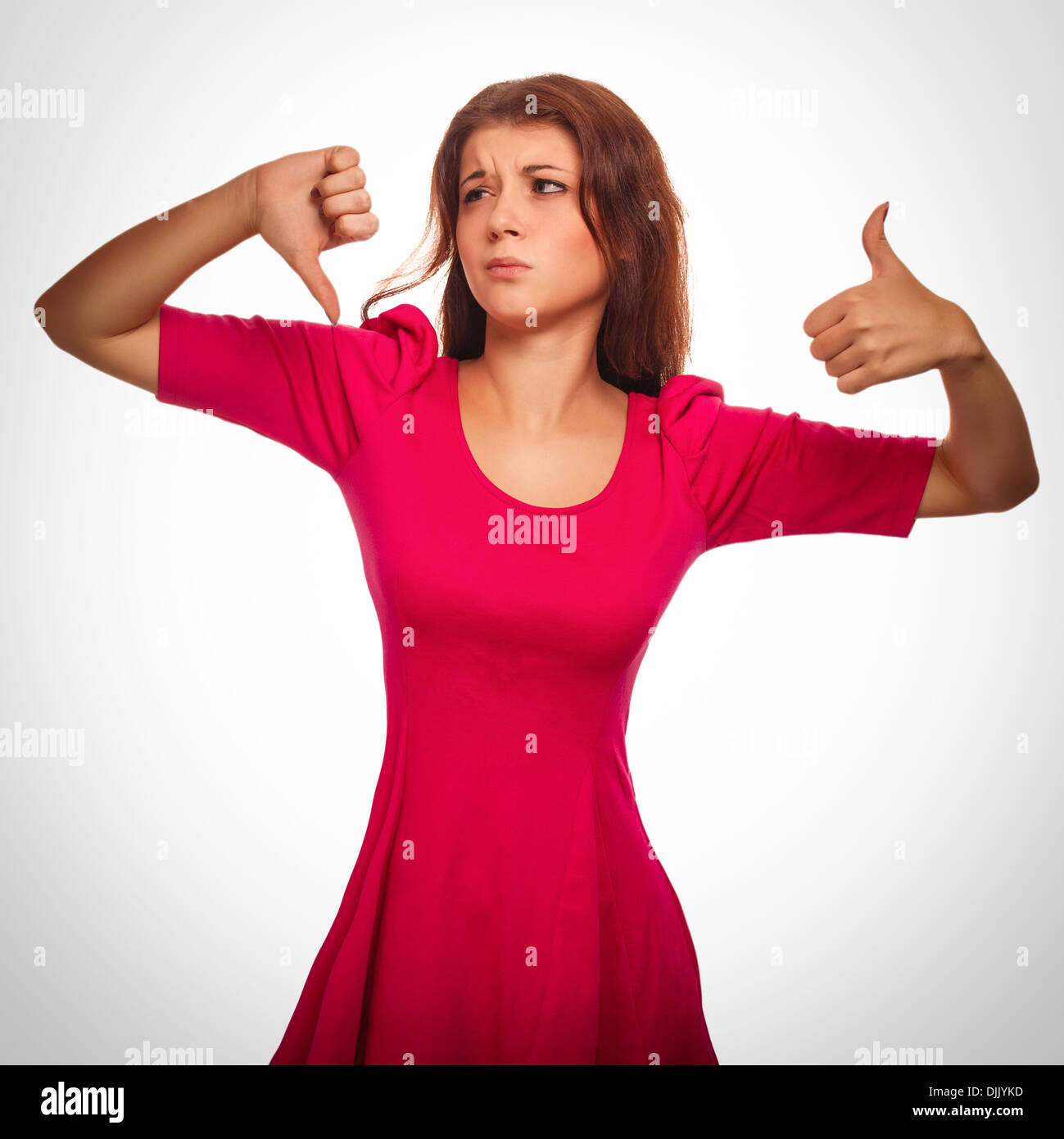 shows girl woman signs yes and no, hand fingers isolated on white red ...