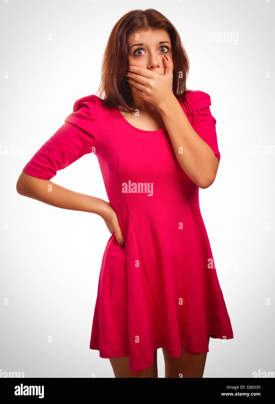 terrified girl woman surprised experiences fear covered her mouth with ...