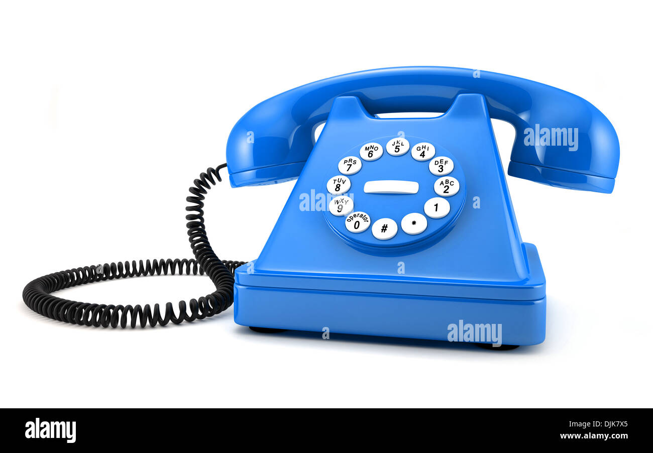 3d illustration of blue old-fashioned phone on white background Stock ...