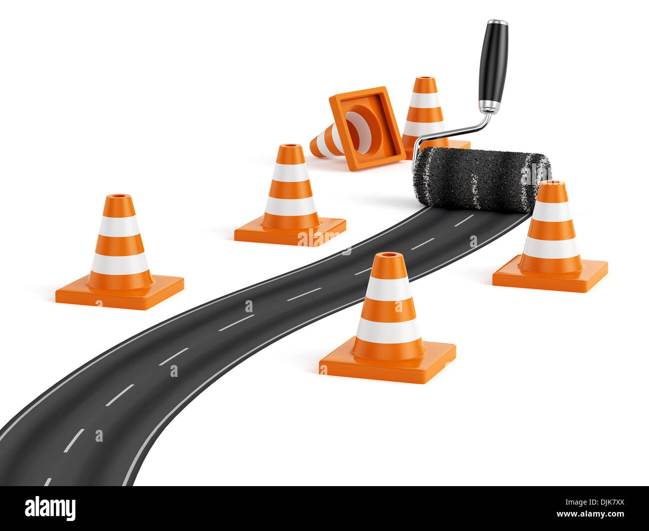 3d render of painting the road with roller brush. Road construction ...